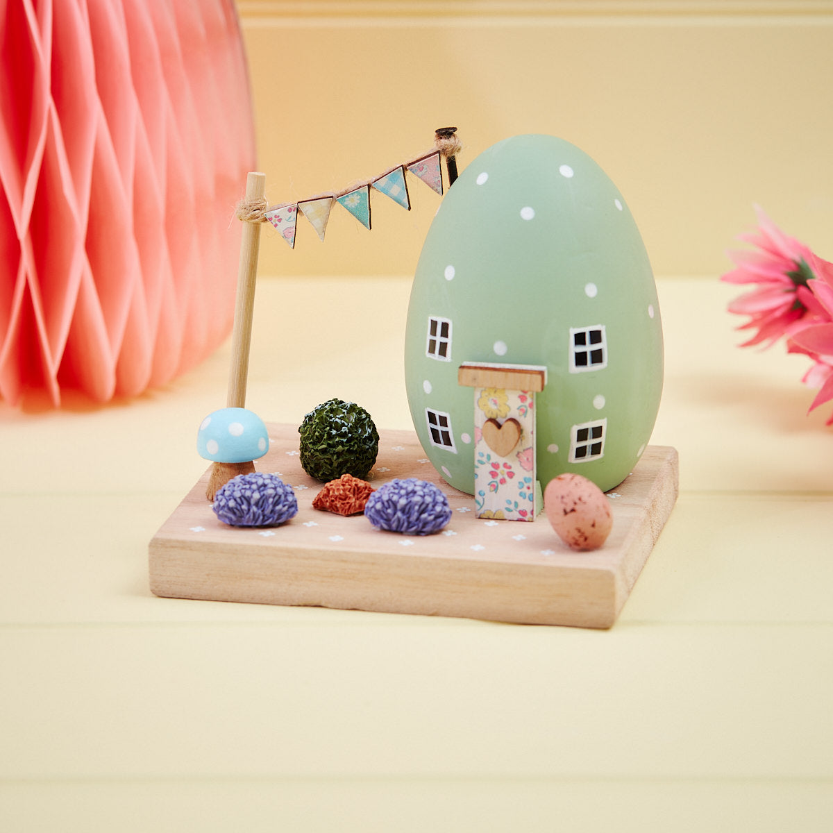 Wooden Easter Egg House With Toadstool, Bushes & Wooden Bunting ...